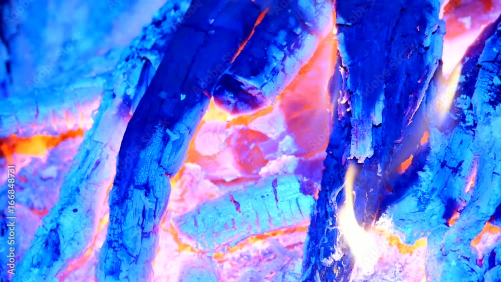 Detail of blue fire of burning hardwood. Burning woods in shiver hot ...