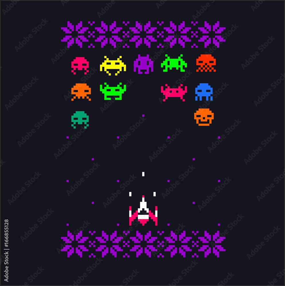 Video game 8 bit space aliens & spaceship pixel art with embroidery ...