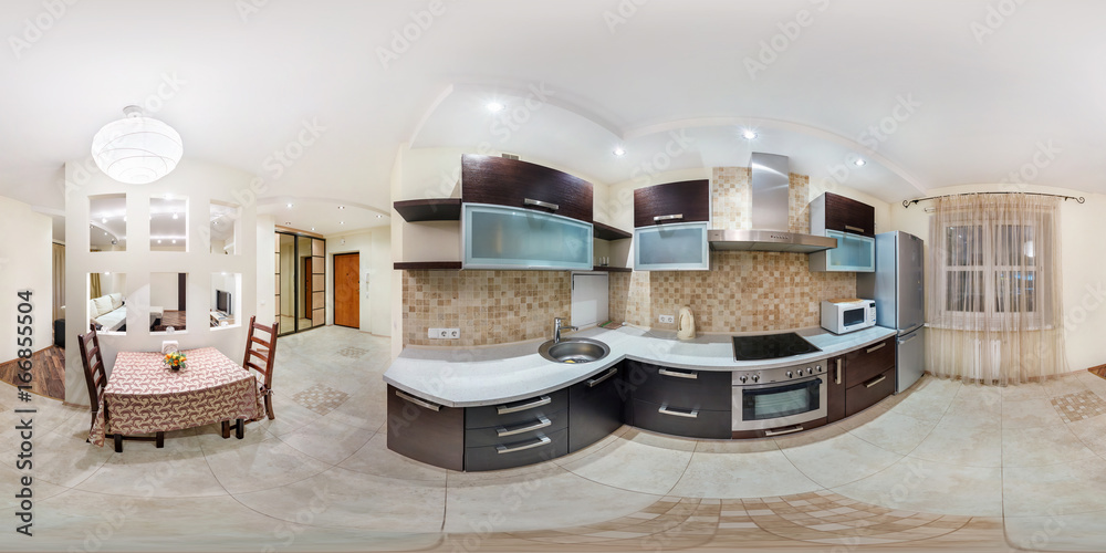 Panorama in interior stylish kitchen in modern flat in pastel color ...