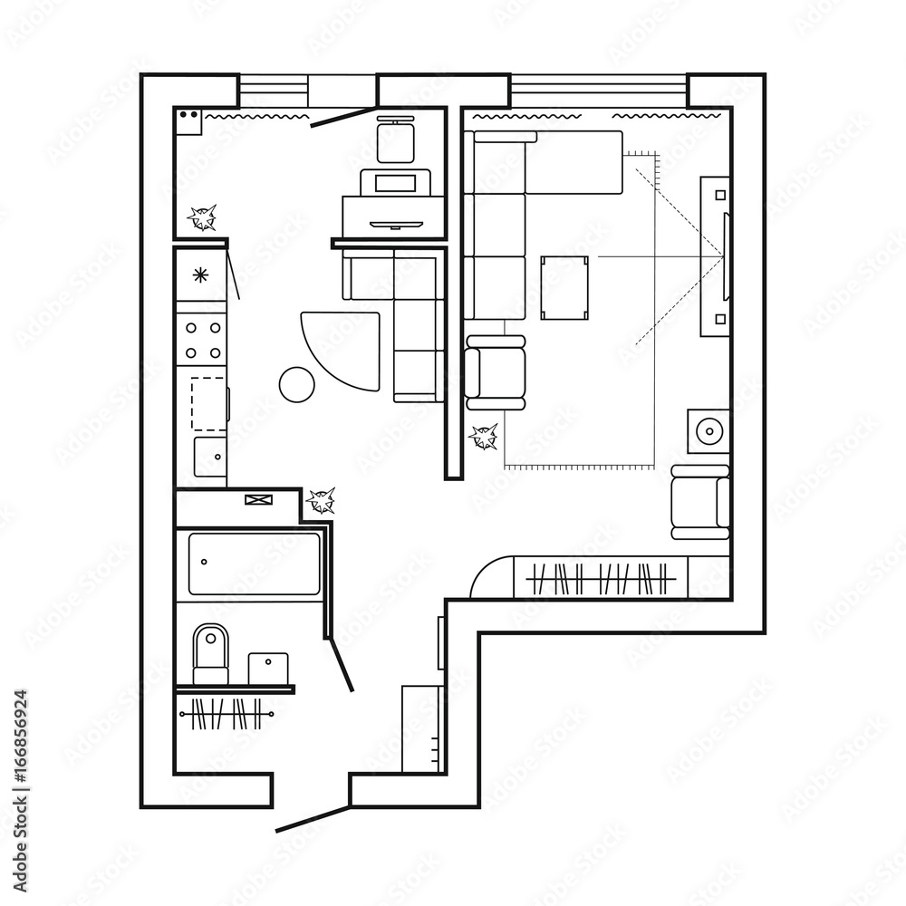 Architecture plan with furniture. House floor plan. Kitchen, lounge and ...