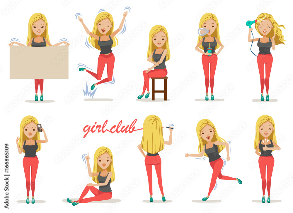 Girl poses Set Cute blonde girl. variety of emotions and poses. Holding ...