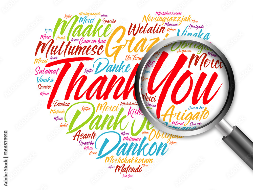 Thank You heart in all languages Word Cloud with magnifying glass ...