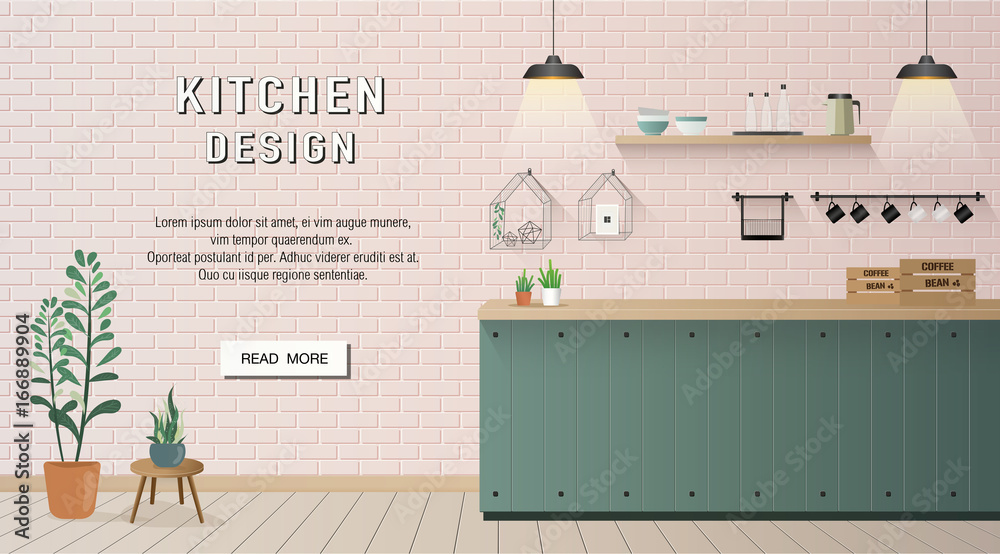 Pastel green Kitchen Interior design on pink brick wall banner with ...
