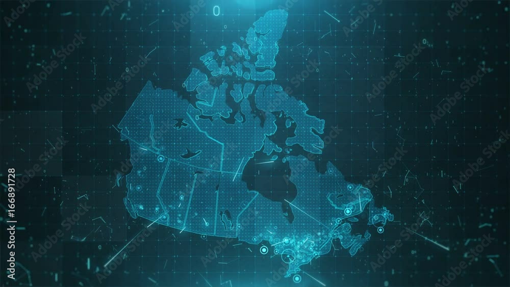 Canada map with an animation camera, glowing round connections in ...