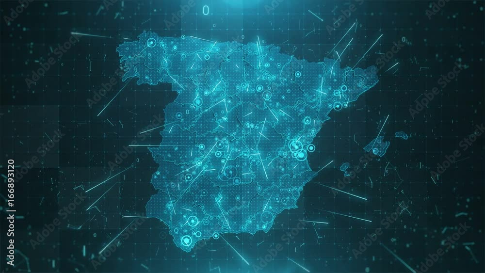 Spain map with an animation camera, glowing round connections in ...