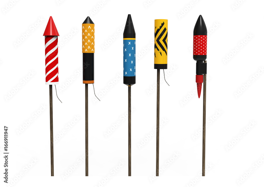 Collection of firework rockets, isolated on white background Stock ...