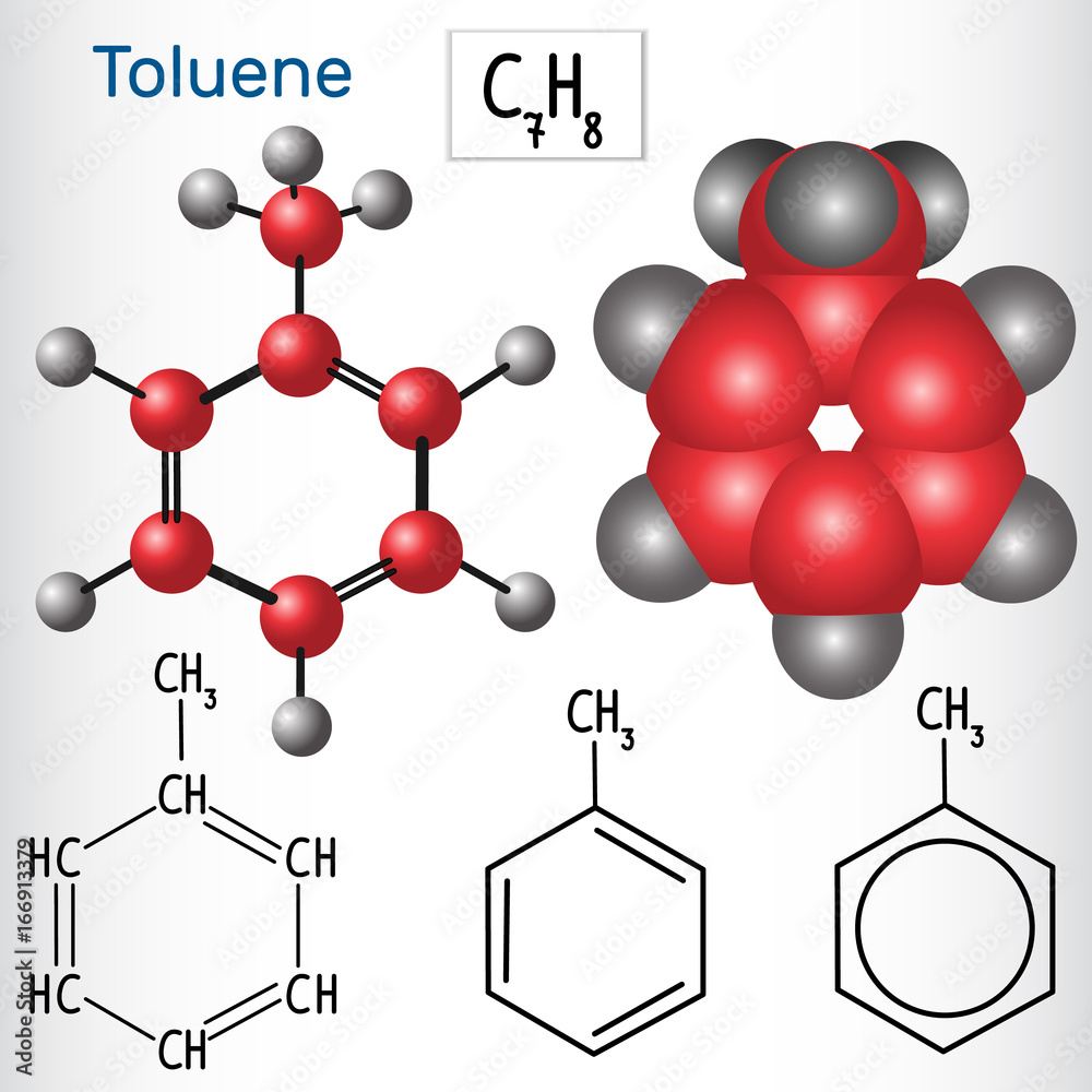 Toluene molecule - structural chemical formula and model Stock Vector ...