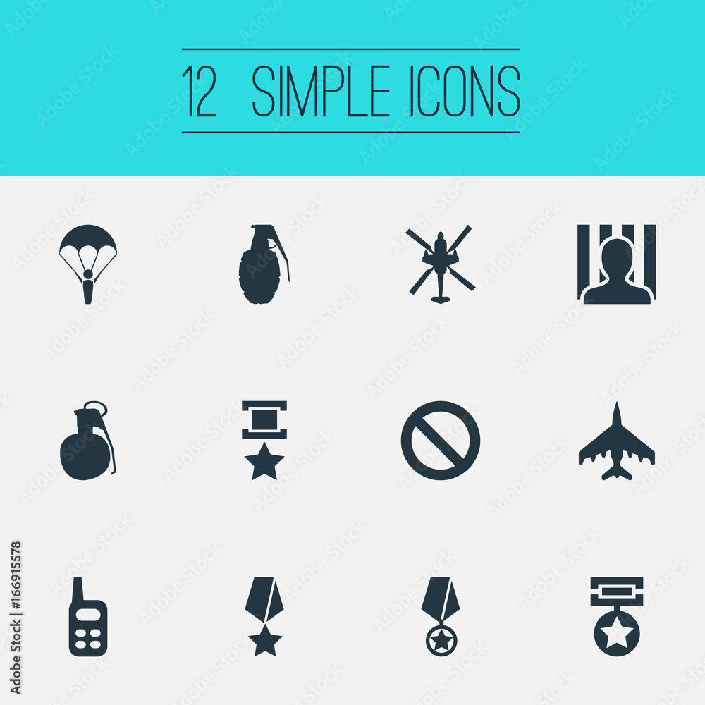 Vector Illustration Set Of Simple War Icons. Elements Jailer, Copter ...