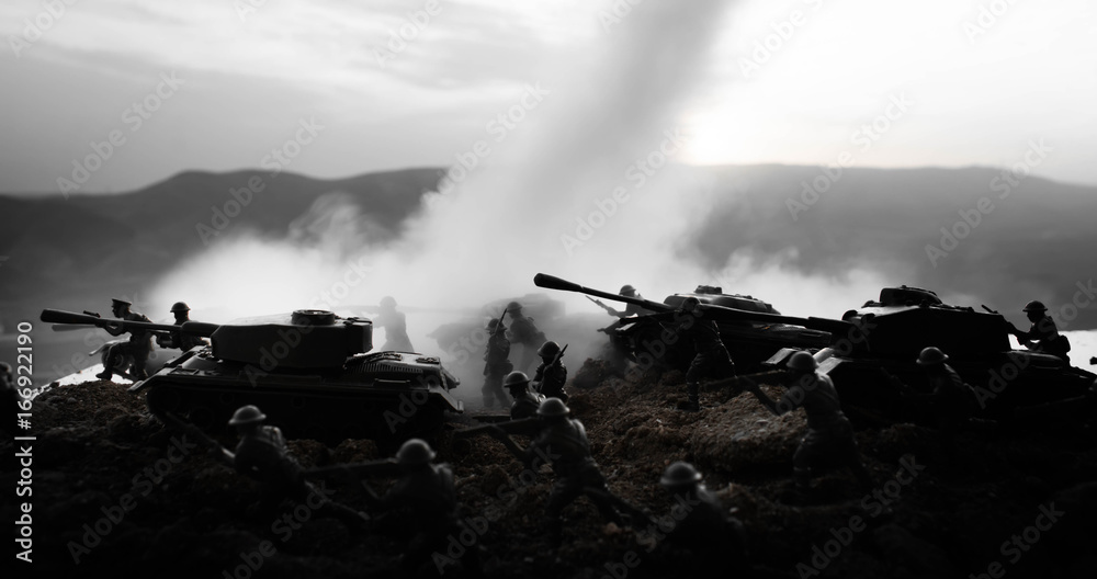 War Concept. Military silhouettes fighting scene on war fog sky ...