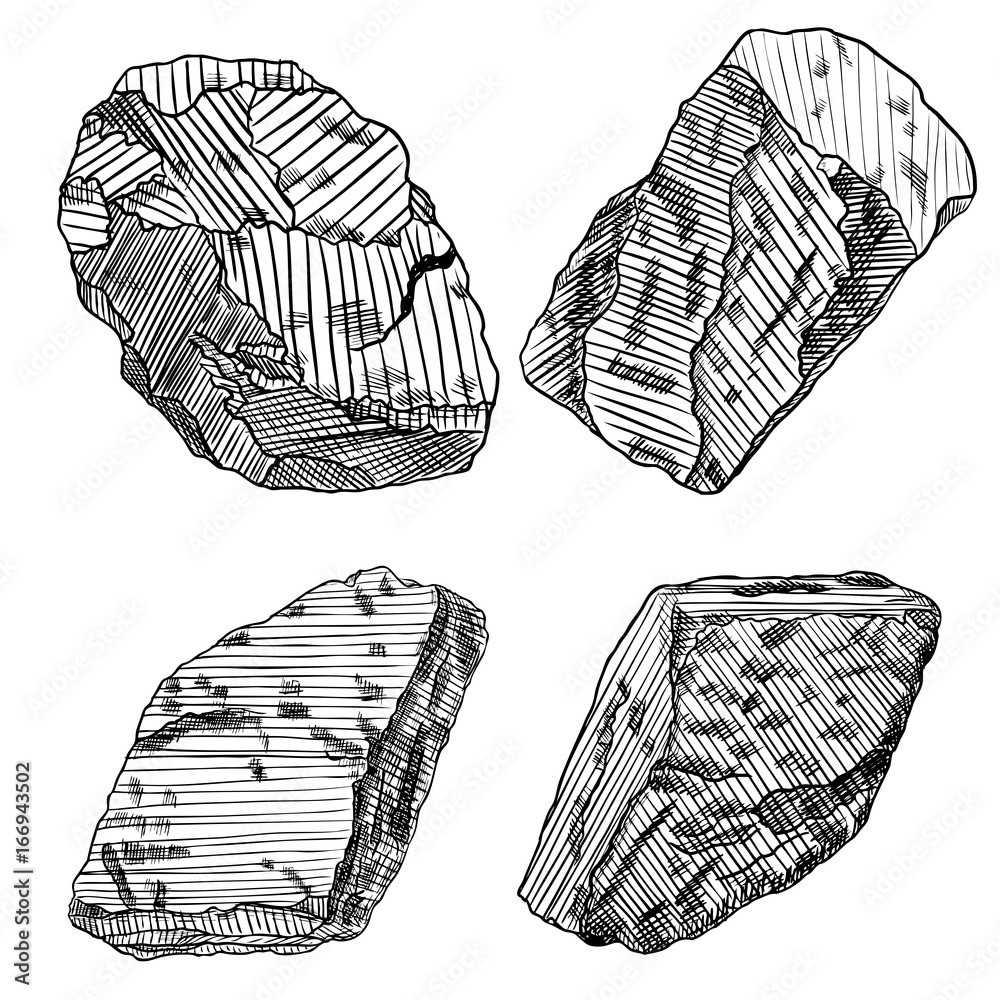 Stones hand drawn sketches set. Stones and rocks in drawing hatching ...