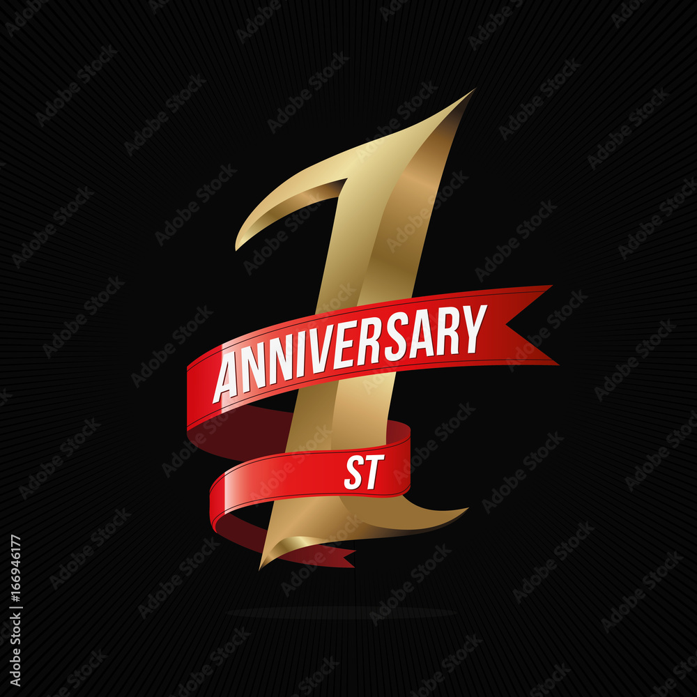 1 year anniversary golden logo with red ribbon, one year celebration ...