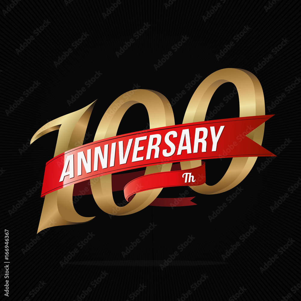 100 Years Anniversary Golden Logo Celebration with Red Ribbon เวกเตอร์ ...
