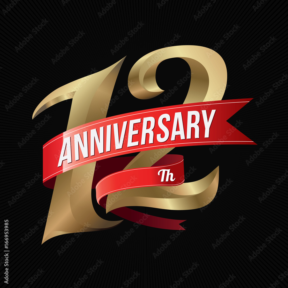 12 Years Anniversary Golden Logo Celebration with Red Ribbon Stock ...