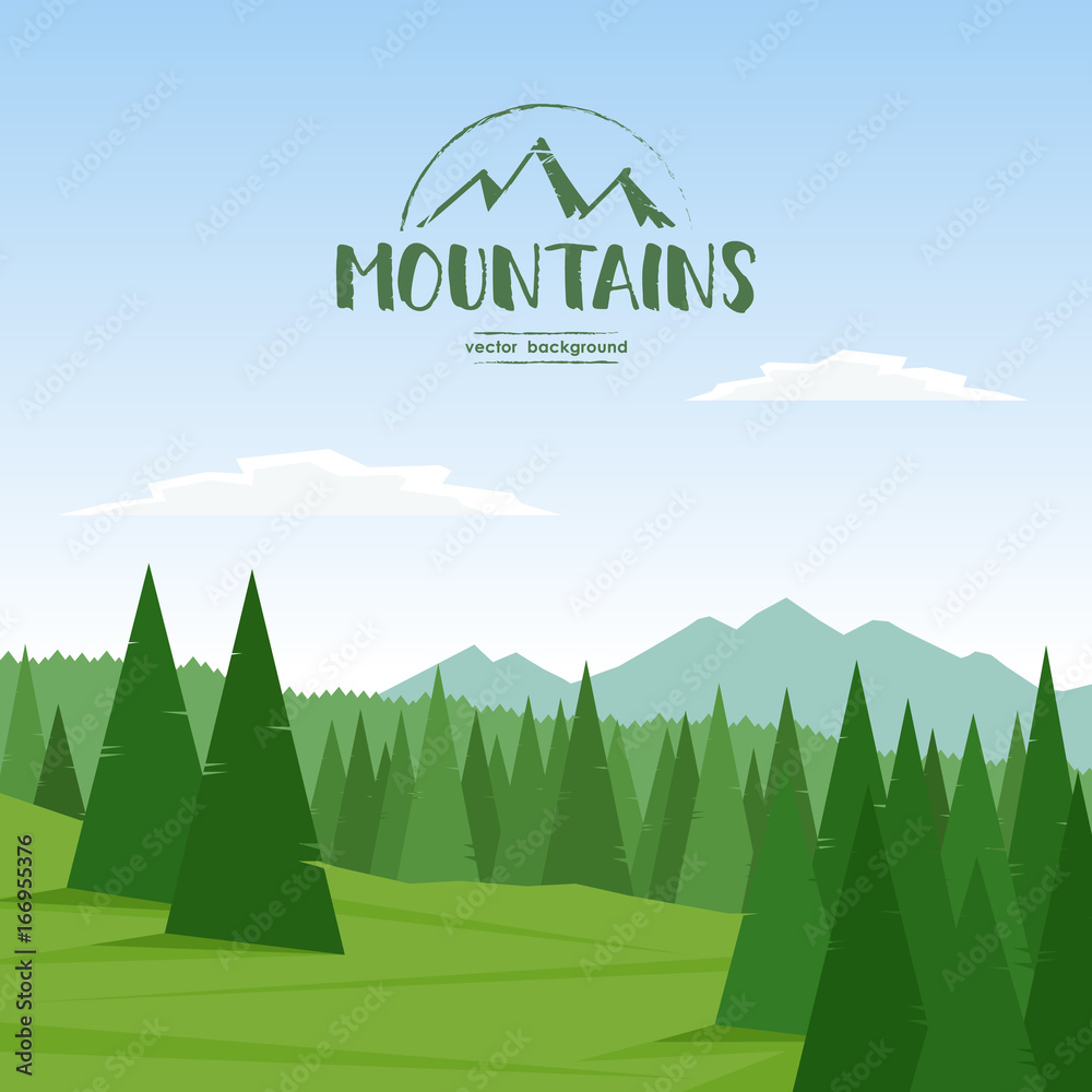 Vector illustration: Summer Mountains landscape background with pines ...