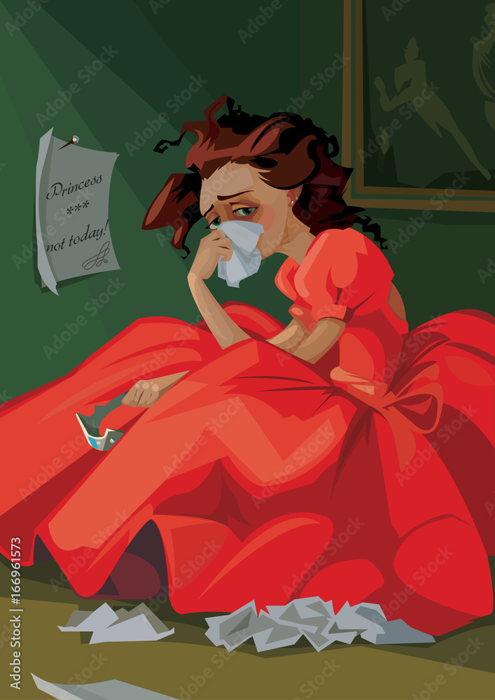 Digital vector funny comic cartoon fairytale red dress princess with ...