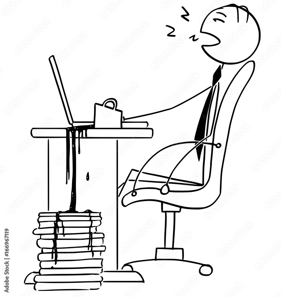 Cartoon Illustration of Tired Businessman Sleeping in Office with Cup ...