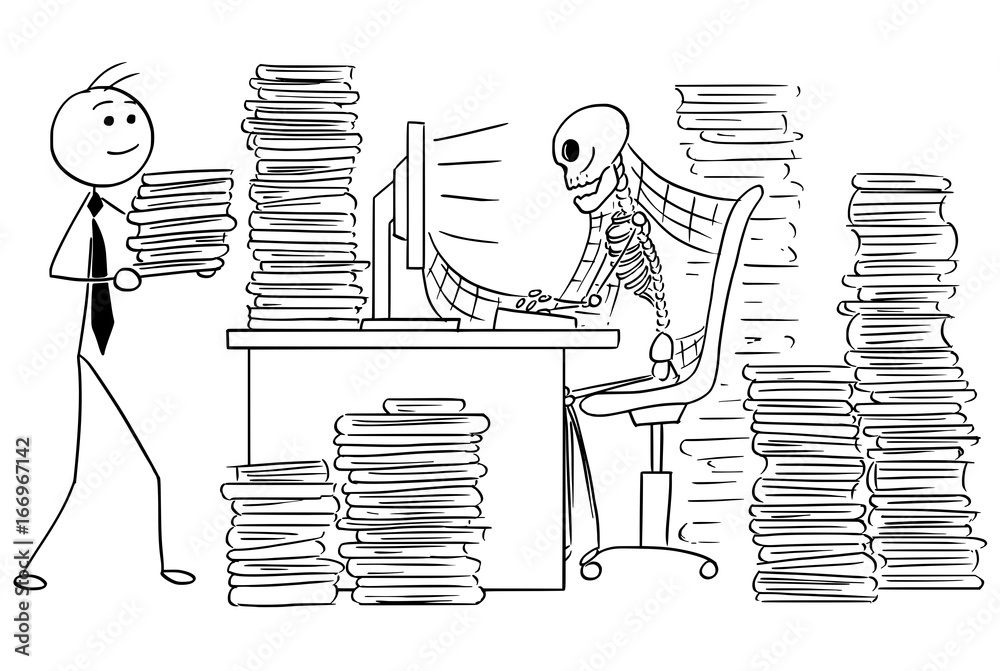 Cartoon Illustration of Human Skeleton of Dead Businessman Sitting in ...