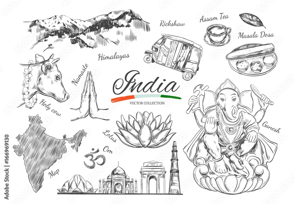 India. Indian Heritage. Vector hand drawn symbols of India. Ganesh, Om ...