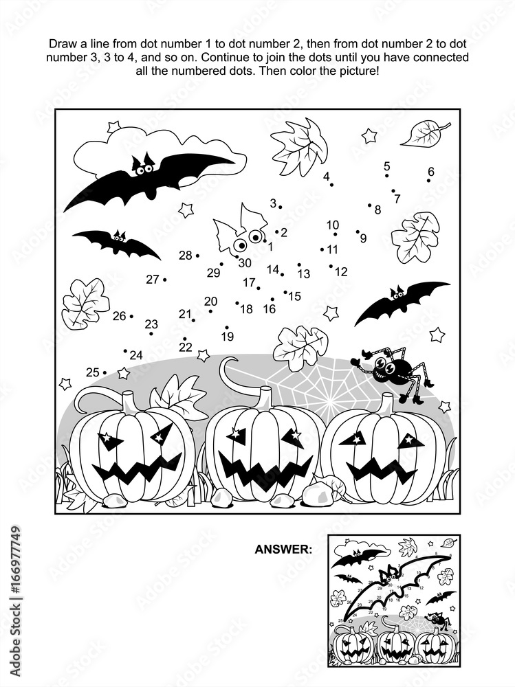 Connect the dots picture puzzle and coloring page - Halloween scene ...