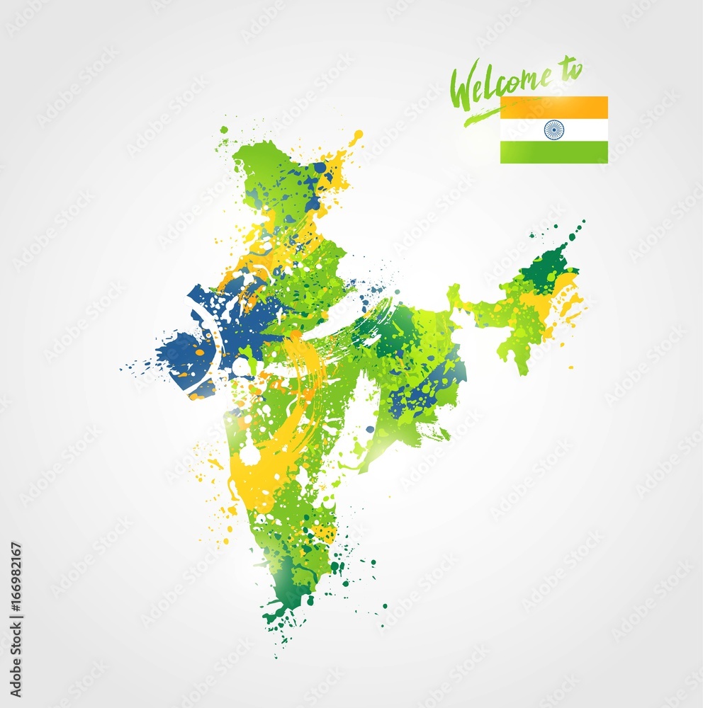 Welcome to India. Colorful indian map with flag and paint/ink splashes ...