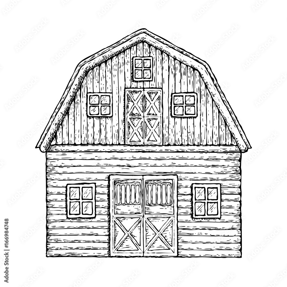 Farming barn. Farm house for agriculture equipment, sketch illustration ...