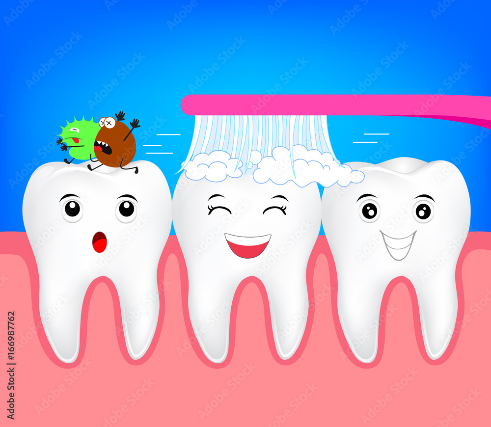 Happy cartoon character tooth with toothbrush. Kill bacteria in the ...