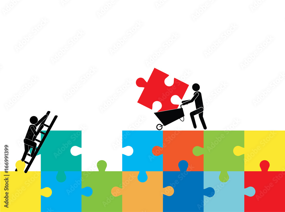 People move pieces of jigsaw puzzle for assembling Stock Vector | Adobe ...