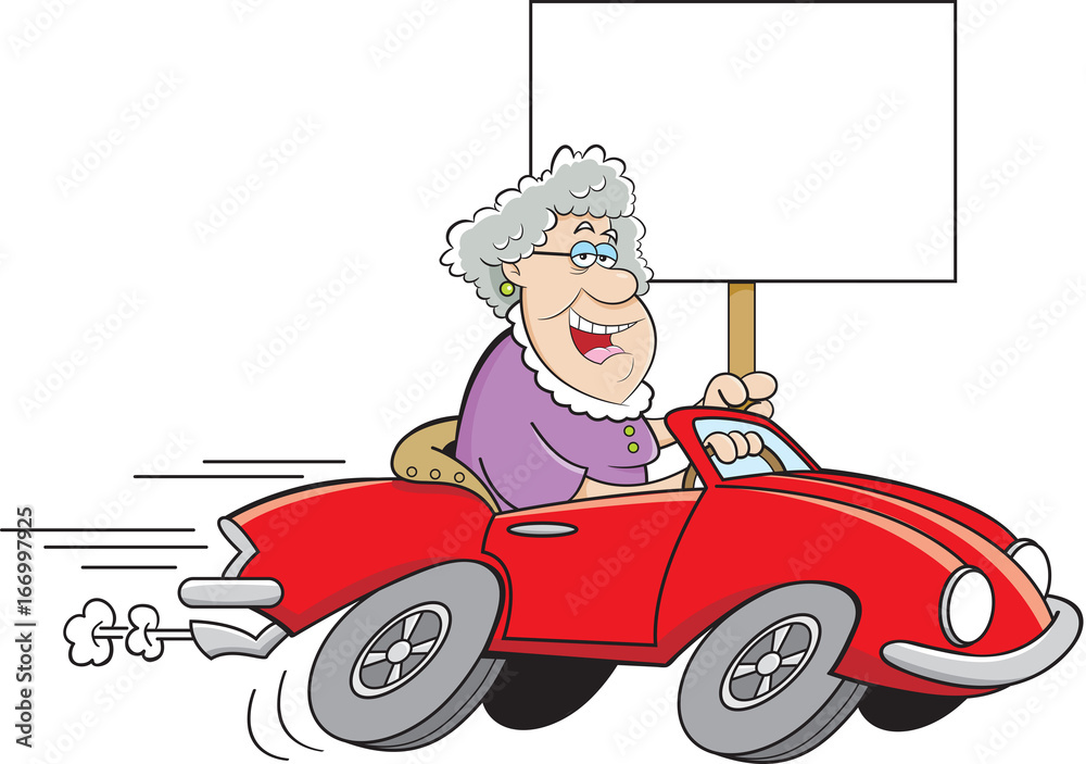 Cartoon illustration of an old lady driving a sports car and holding a ...