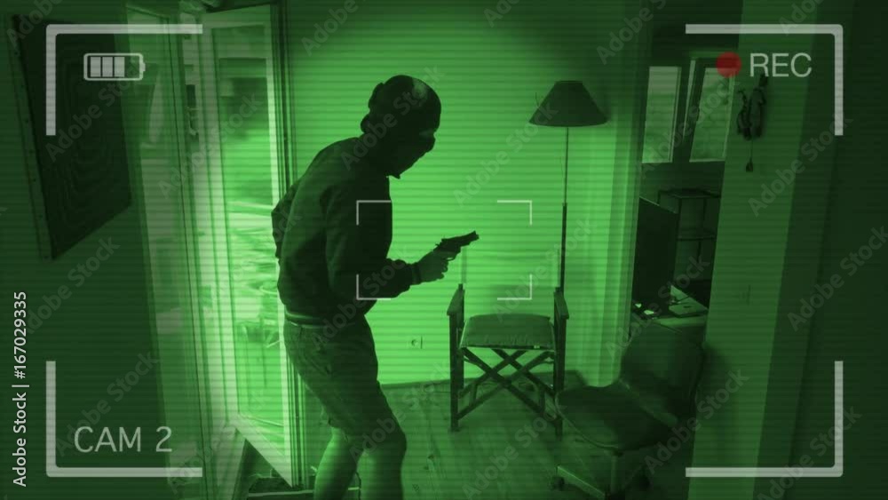 Burglar Break In Caught On Home Security Camera At Night. Night vision ...