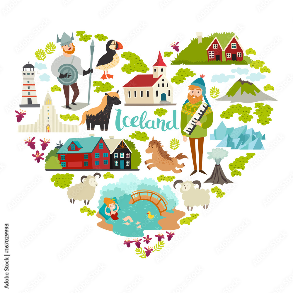 Iceland landmarks vector icons. Illustrated travel poster with heart ...