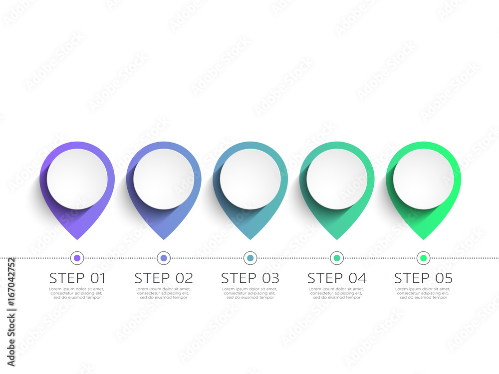 Modern 3D infographic template with 5 steps. Map with pin pointers ...