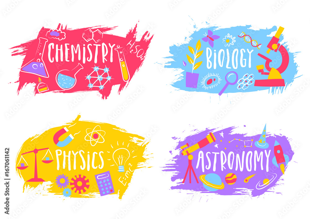 Vector set of trendy hand drawn emblems of education subjects ...