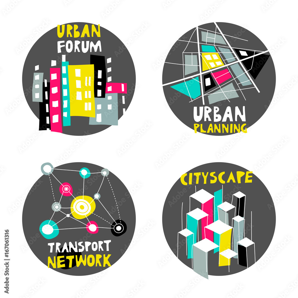 Vector set of round trendy hand-drawn colored logos on the theme of ...