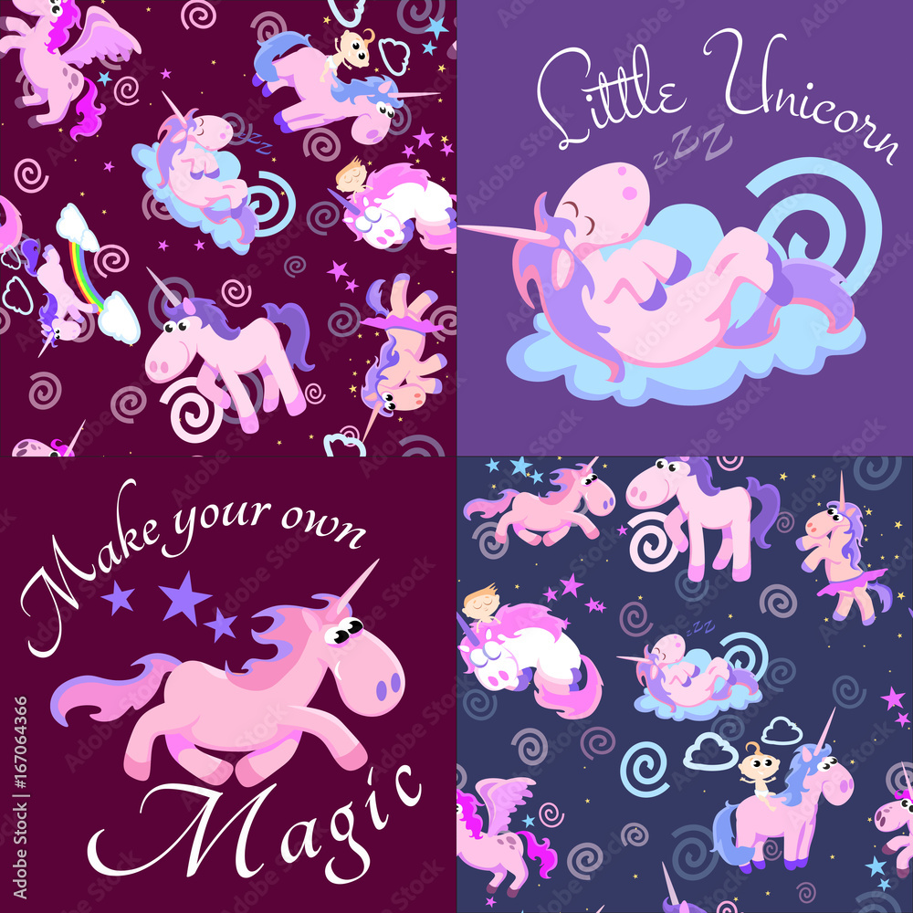 cute unicorn seamless pattern, magic pegasus flying with wing and horn ...
