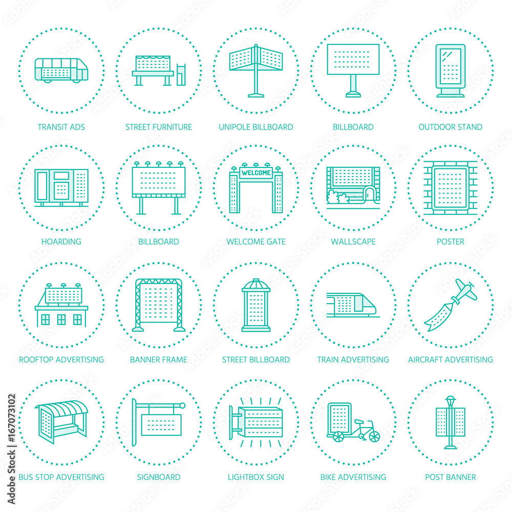 Outdoor advertising, commercial and marketing flat line icons ...
