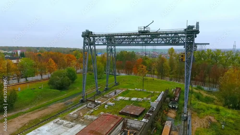 Aerial view rail crane at territory of industrial factory. Sky view ...