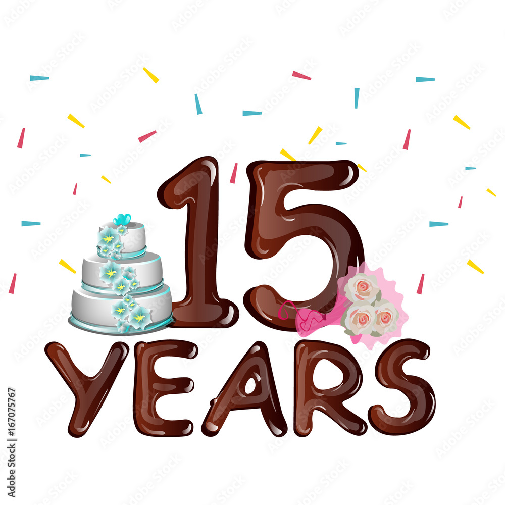 Anniversary card 15 years on a light background with cake. Stock Vector ...