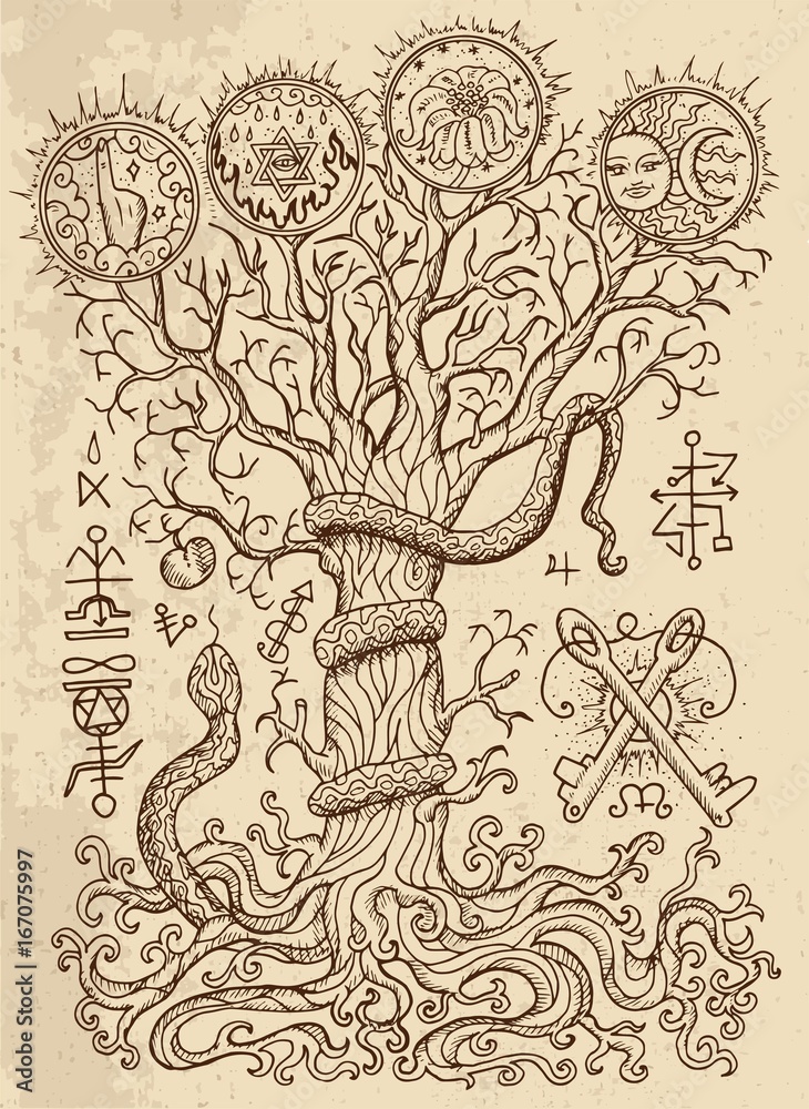 Mystic drawing with spiritual and christian religious symbols as snake ...