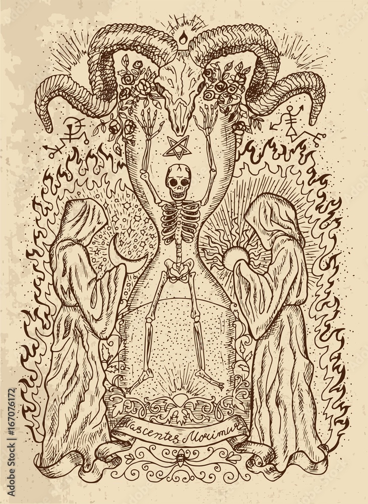 Mystic drawing with human skeleton in sandglass, monks with sun and ...