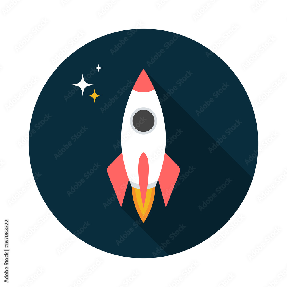 Rocket circle icon with long shadow. Flat design style. Spaceship ...
