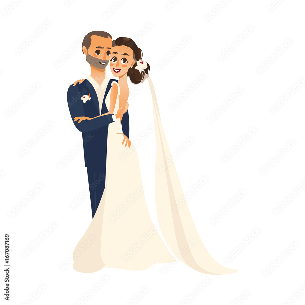 vector groom and bride newlywed couple holding and hugging each other ...