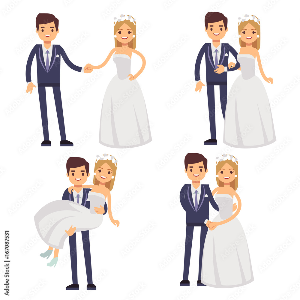 Cartoon wedding couple. Just married vector characters Stock Vector ...