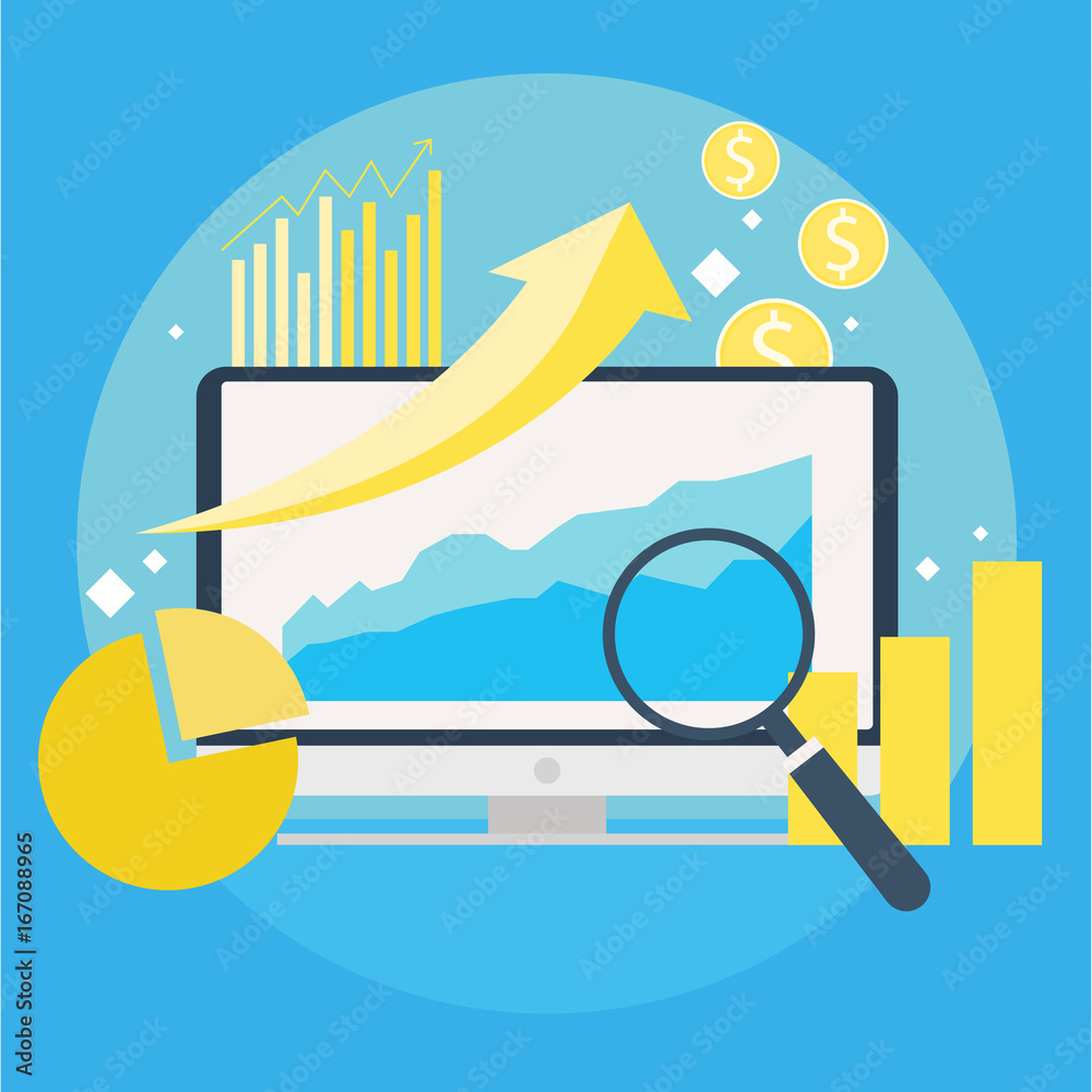 Website traffic growth banner. Computer with diagrams, growth charts ...