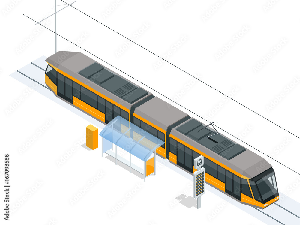 Tram on the stop. Tram stop isometric icon set vector graphic ...