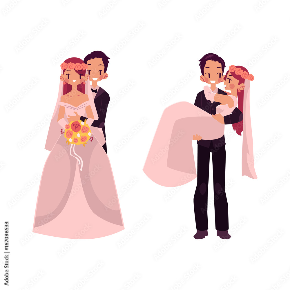 Vector groom and bride character set isolated. groom carrying bride ...