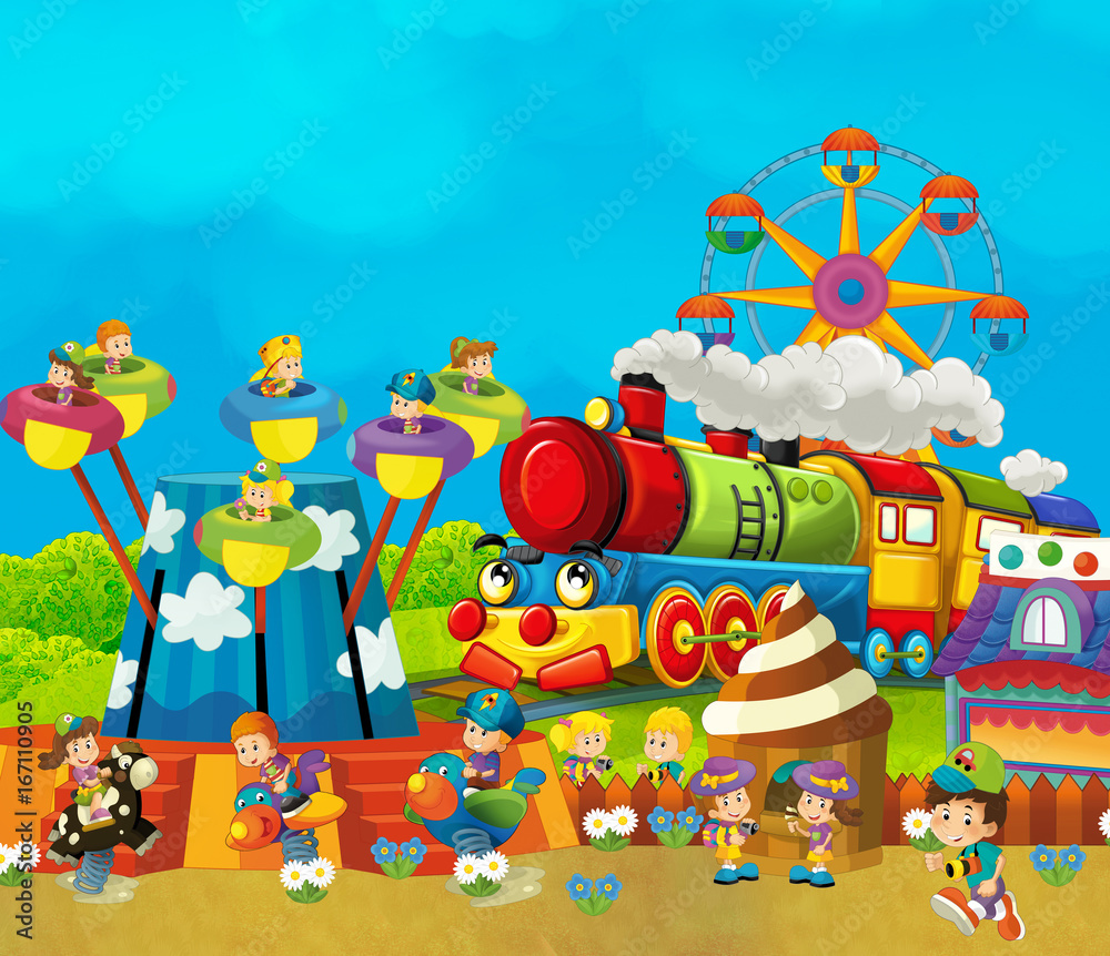 cartoon funfair - amusement park with steam train - illustration for ...