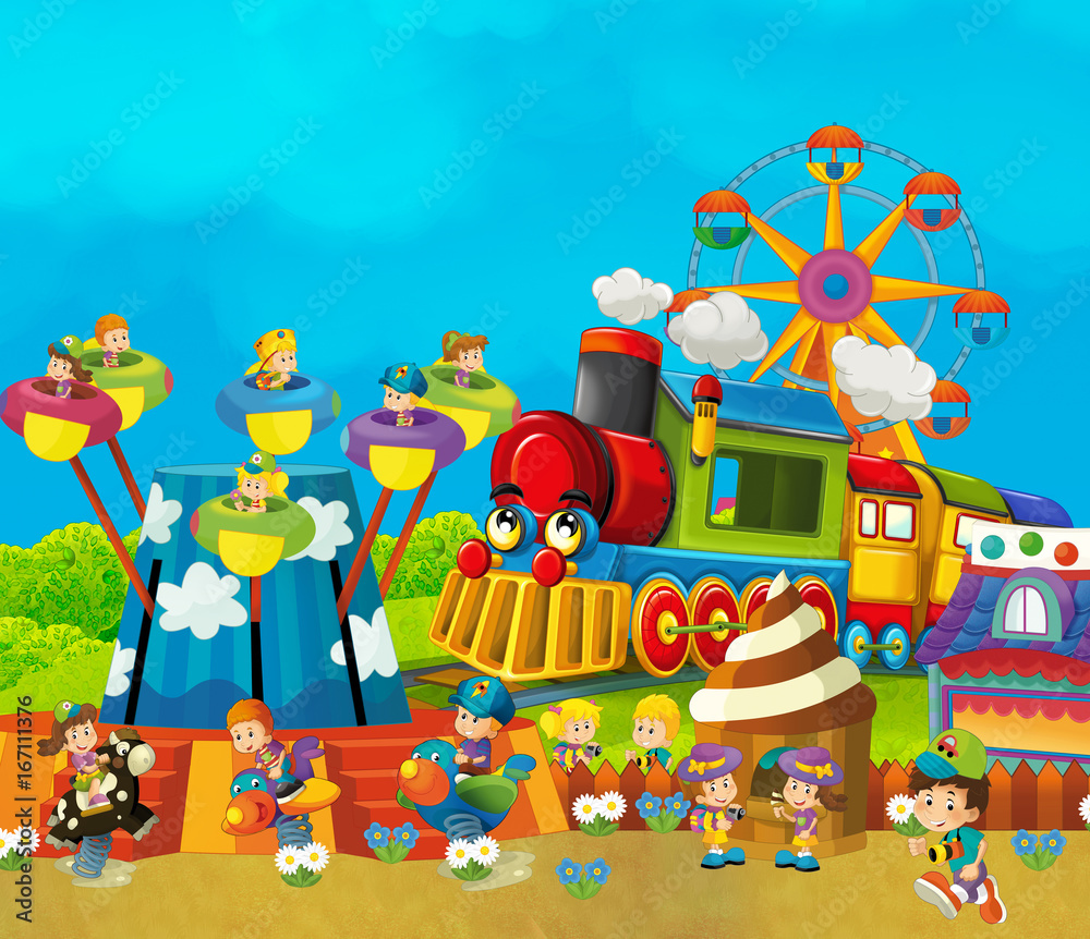 cartoon funfair - amusement park with steam train - illustration for ...