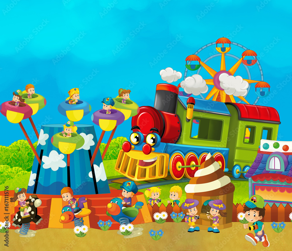 cartoon funfair - amusement park with steam train - illustration for ...