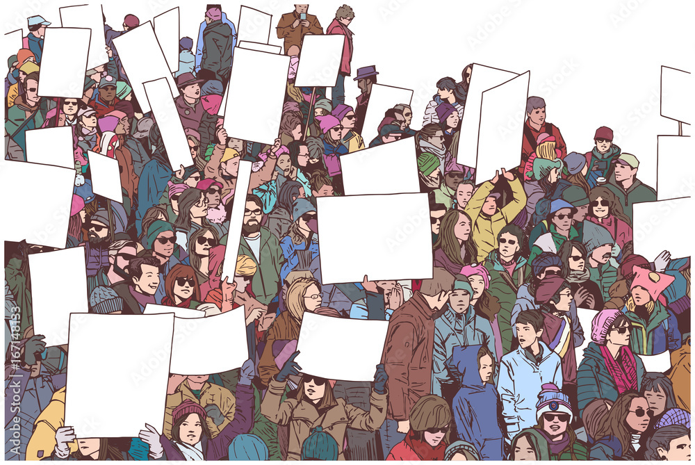 Hand drawn illustration of people protesting with blank signs and ...