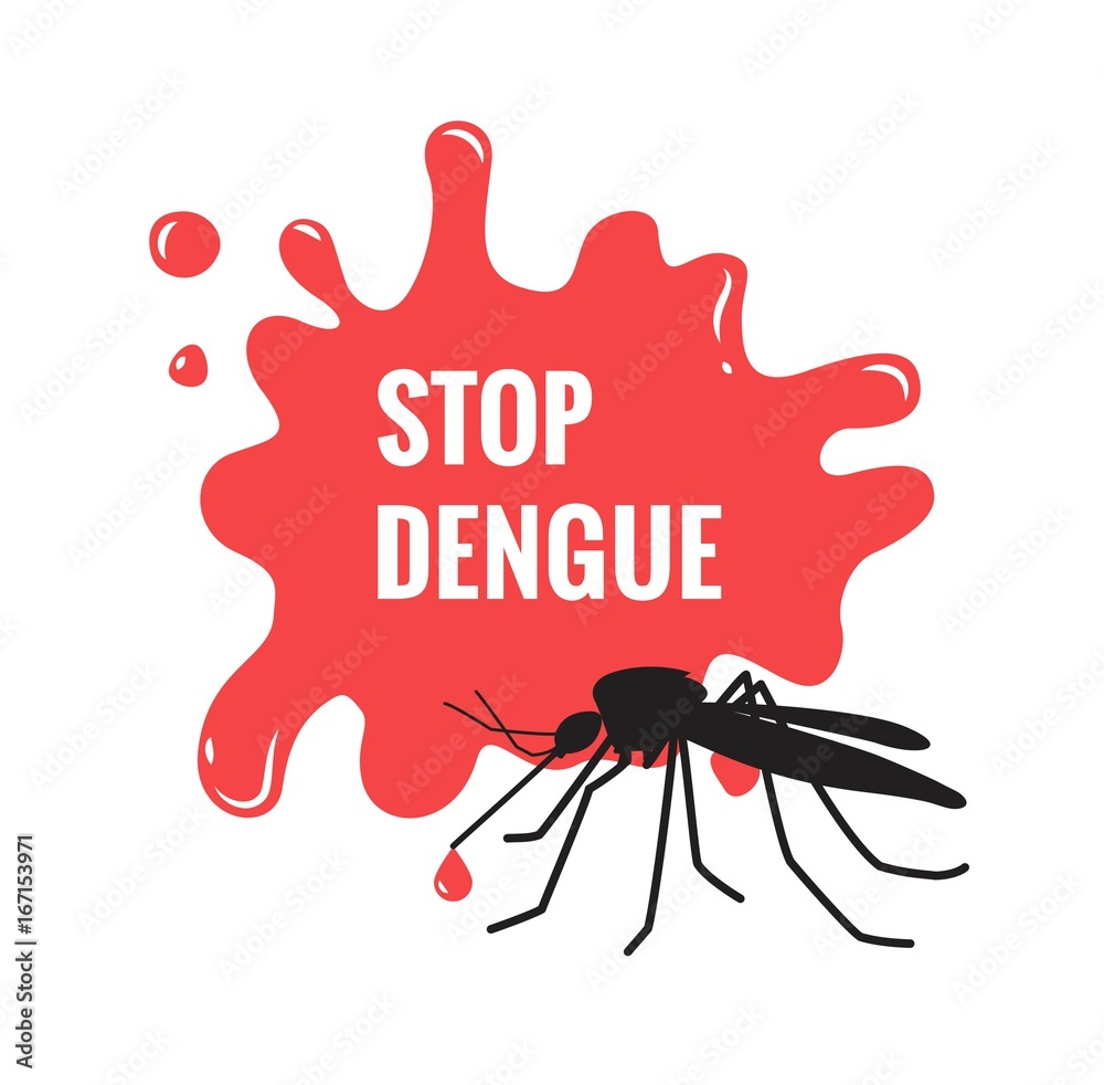 Stop dengue written on blood drop with mosquito on white background ...